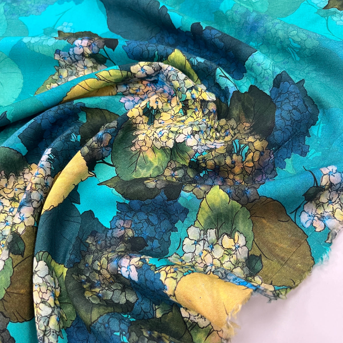 Lady McElroy | Viscose Challis Lawn | Hydrangea in bloom panel ...